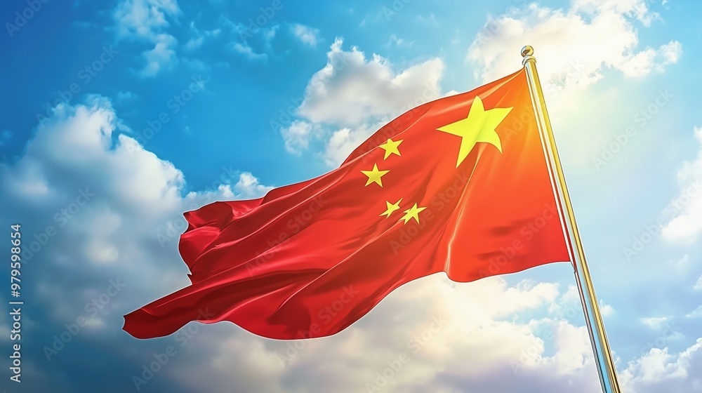 An ultra-realistic depiction of the Chinese flag flying majestically in ...