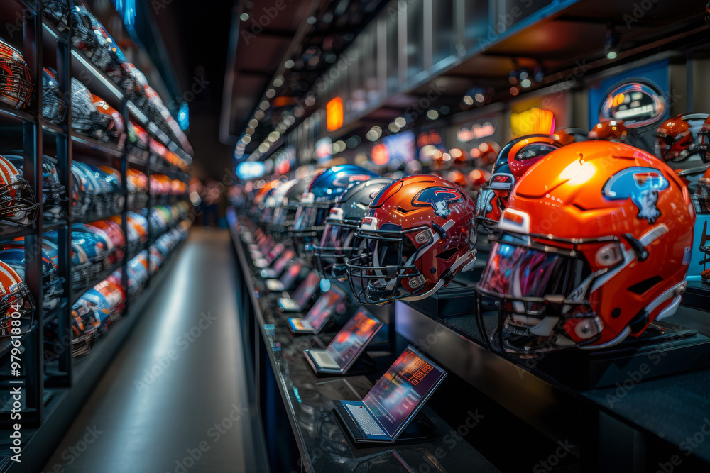 A colorful booth brimming with Super Bowl merchandise showcases helmets ...