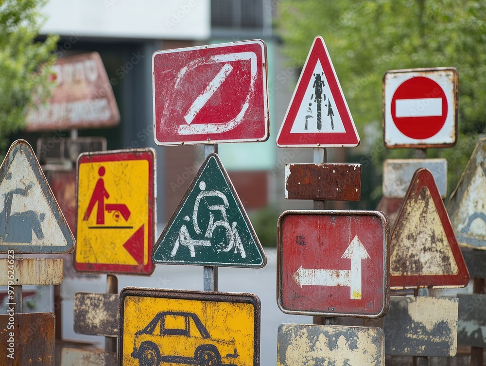 Vintage traffic signs from different decades, displayed as part of an ...