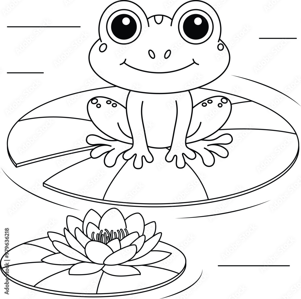 Cute frog sitting on the lotus leaf cartoon outline coloring page for ...