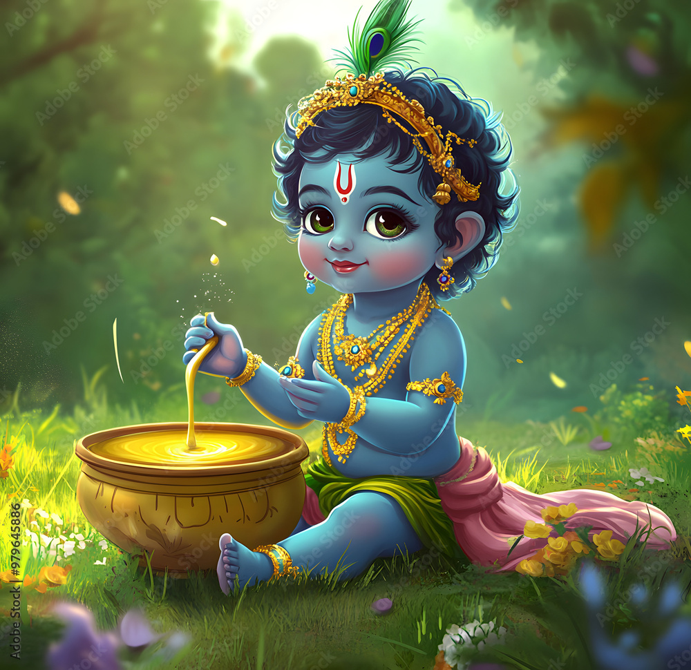 Cute cartoon wallpaper of baby Lord Krishna, playing with a pot of ...