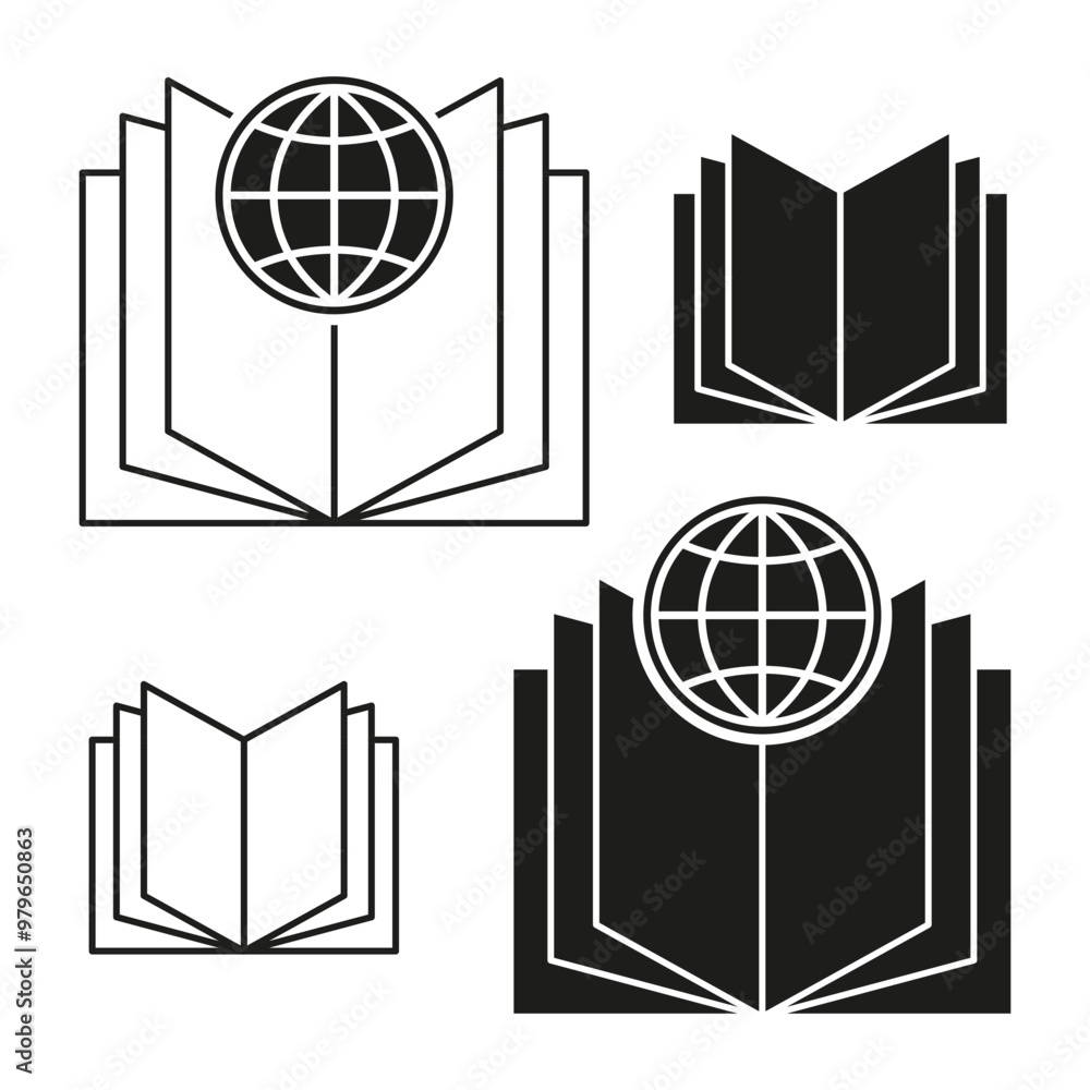 Open book icons with a globe symbol integrated into the design ...