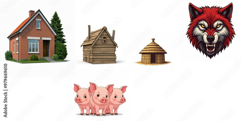 Illustration of three little pigs and big bad wolf logo, straw hut ...