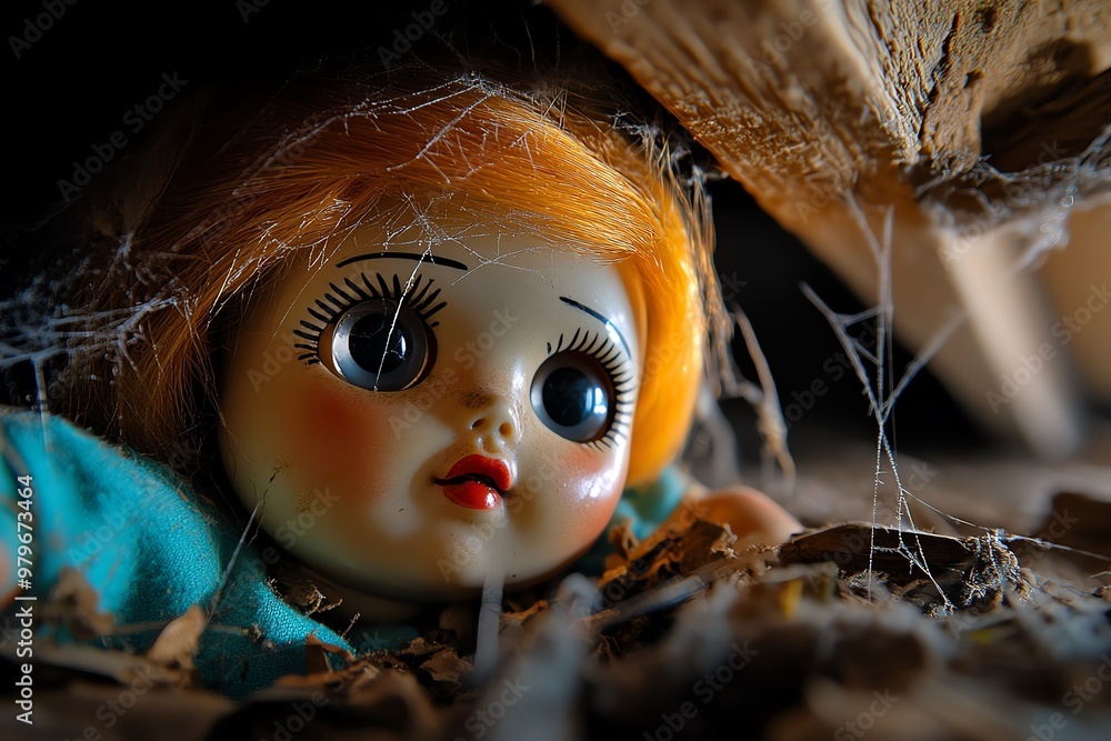 A forgotten doll lying in the attic, its glass eyes reflecting the ...