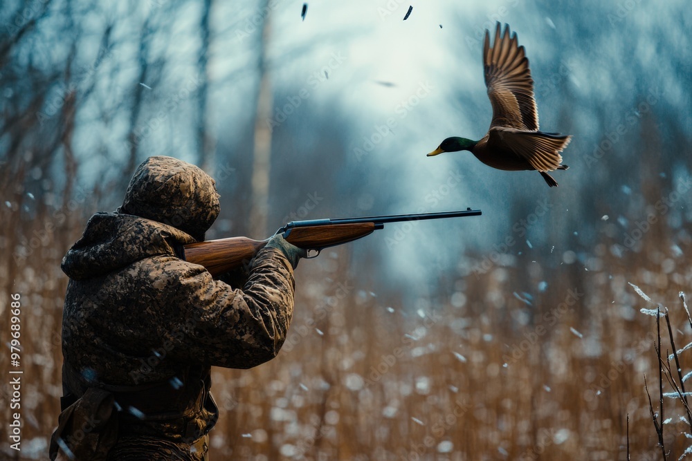 Hunter Shooting: Outdoors Hunting with Shotgun, Aiming at Flying Duck ...