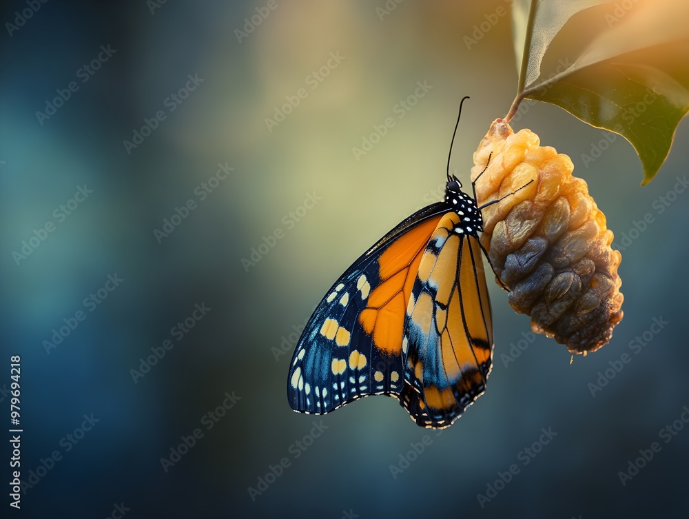 A monarch butterfly emerges from its chrysalis hanging from a leaf ...