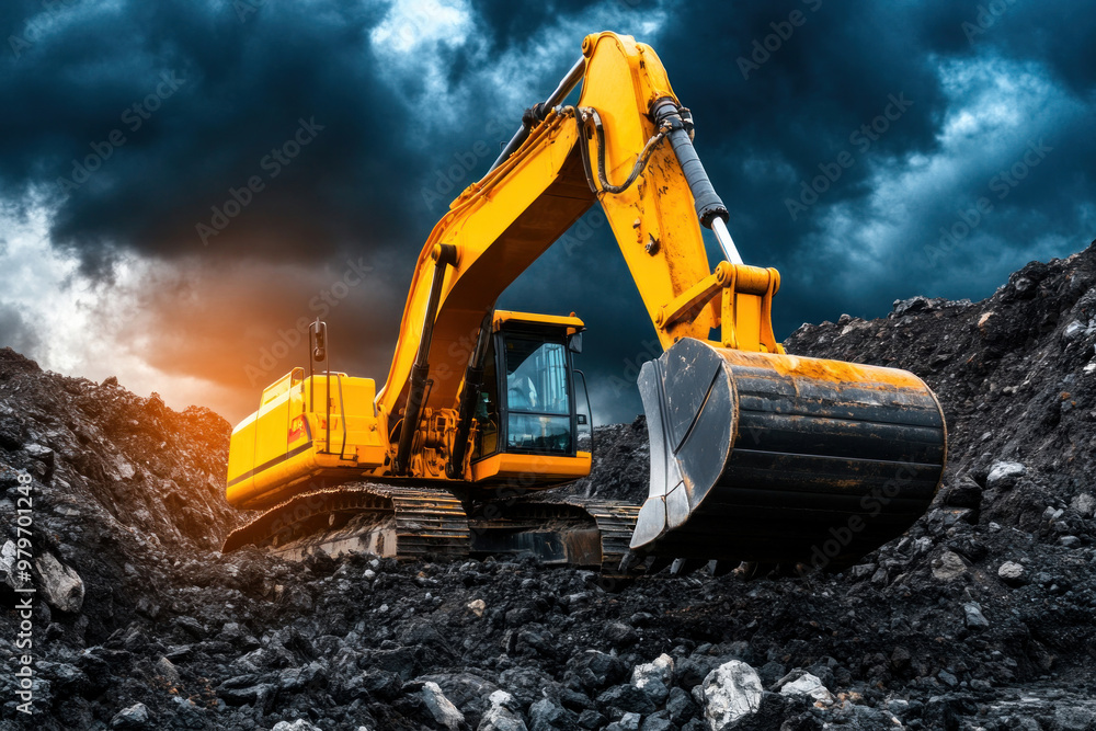 Workers operating large excavators at a quarry, moving tons of material ...