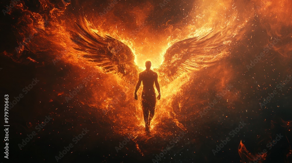 A digital artwork featuring a character with one angel wing and one ...