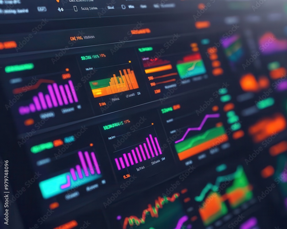 Digital dashboard with interactive charts showing growing business and ...