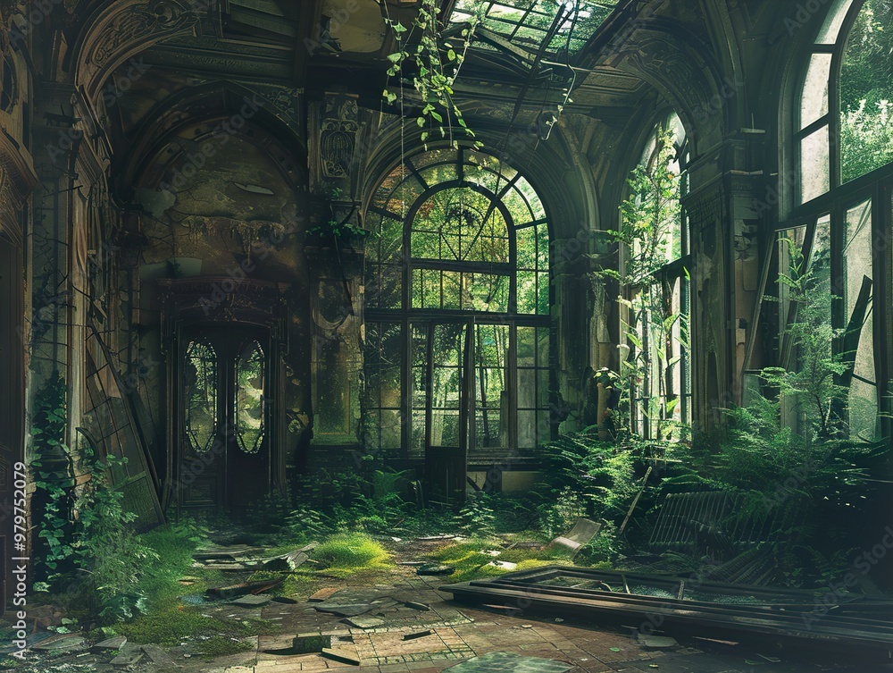 Overgrown interior of an abandoned mansion with vines and plants ...