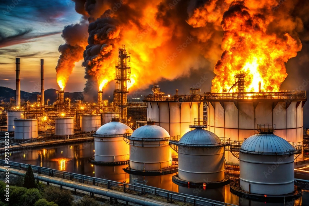 Fotografie Fire. White spherical tanks for storing oil on fire at an ...