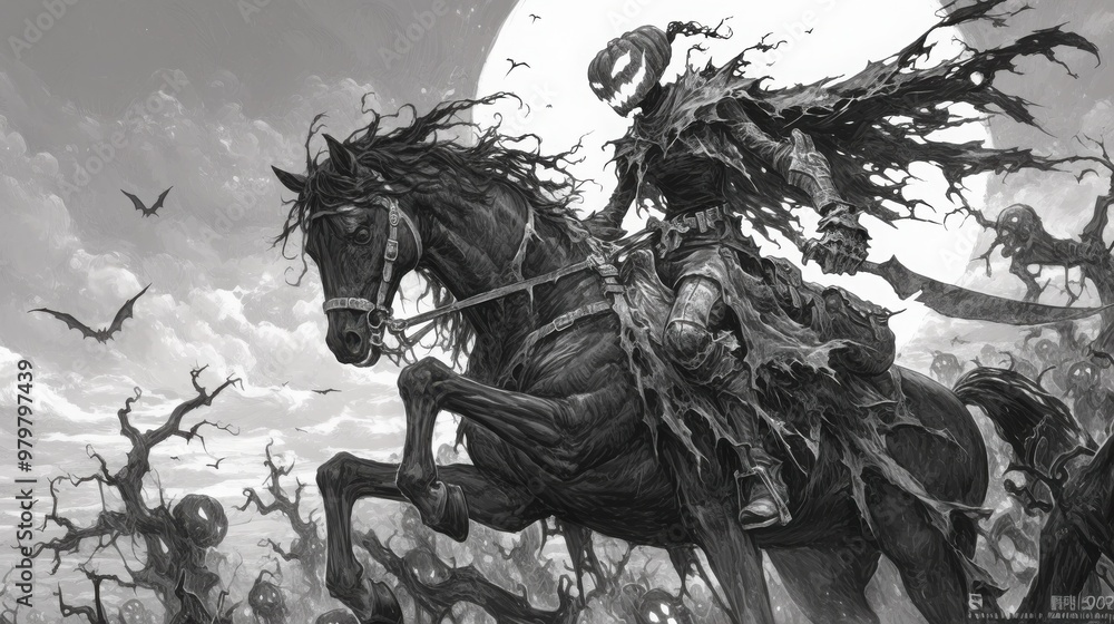 A traditional ink drawing of a headless horseman with a jack-o'-lantern ...