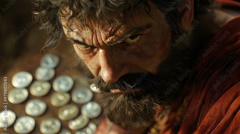 Judas from the Bible with a sinister look, standing behind Roman silver ...