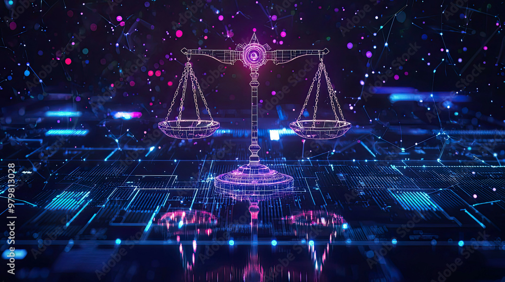 Futuristic justice scale glowing with AI data flows, representing ...