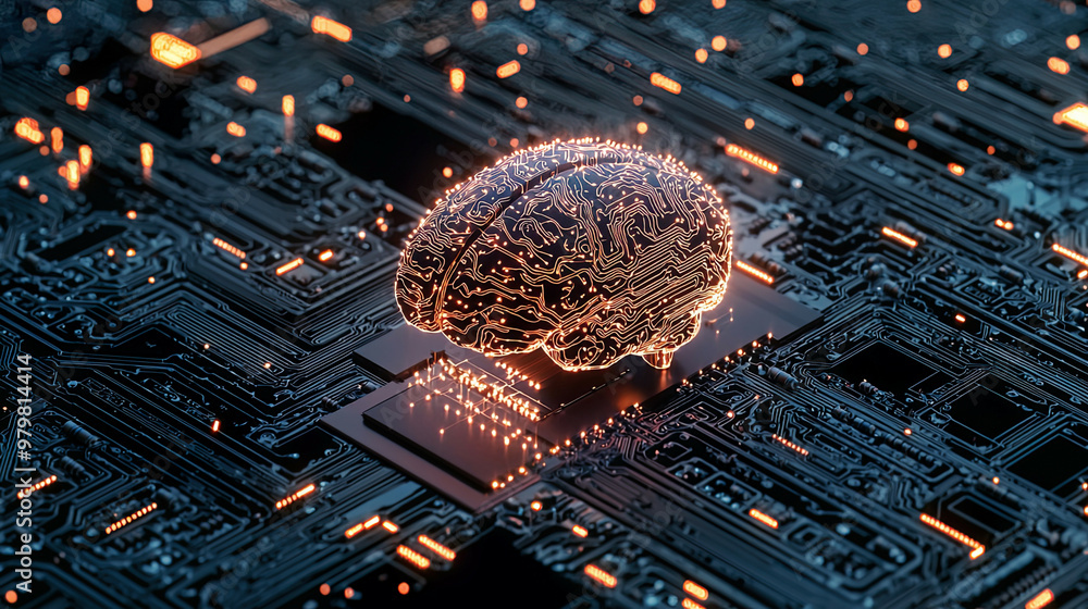 Hyper-detailed AI brain chip embedded in a circuit board, neural networks glowing with ...