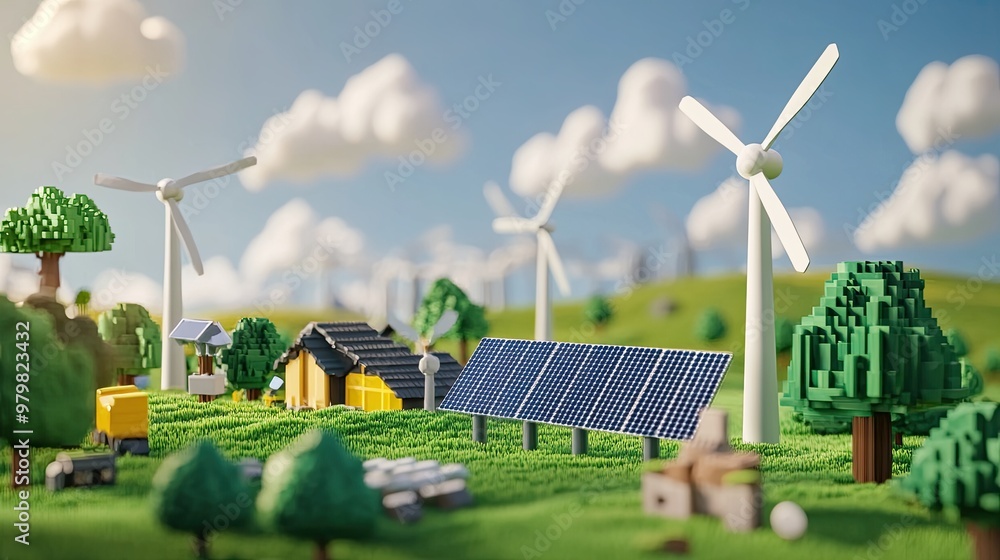 Sustainability in simple 2D animation showing wind turbines, solar ...