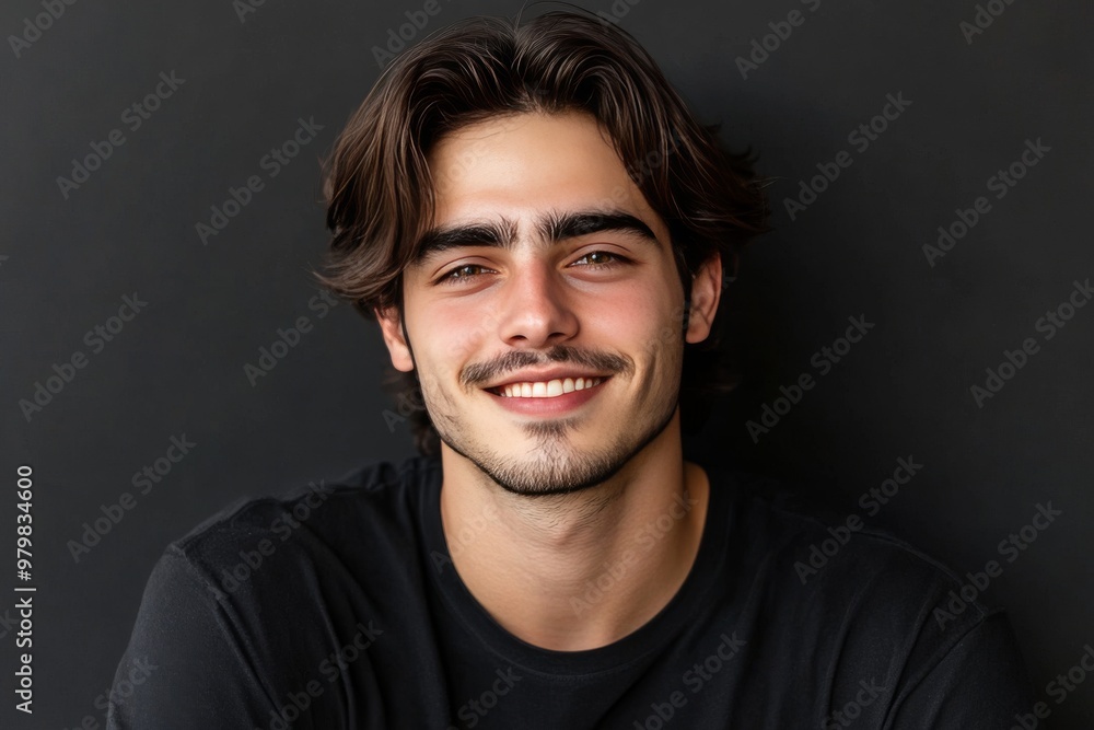 Young man with soft smile in front of molecular structure symbolizing ...