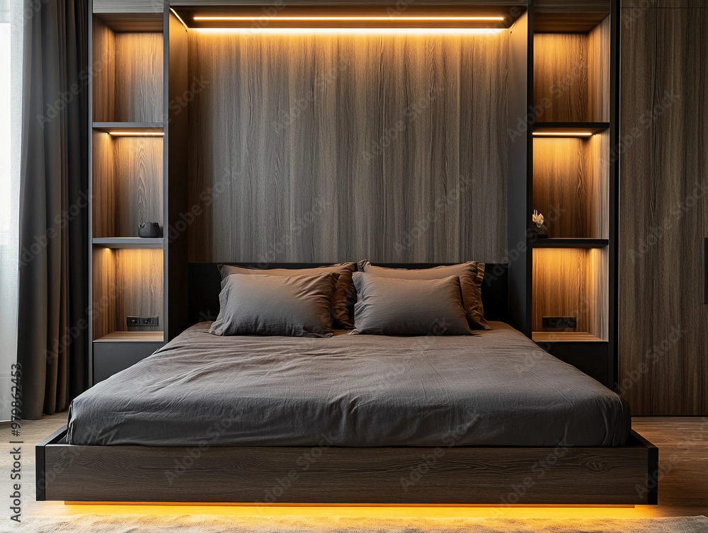 Murphy bed in a modern guest room, sleek matte black wood finish ...
