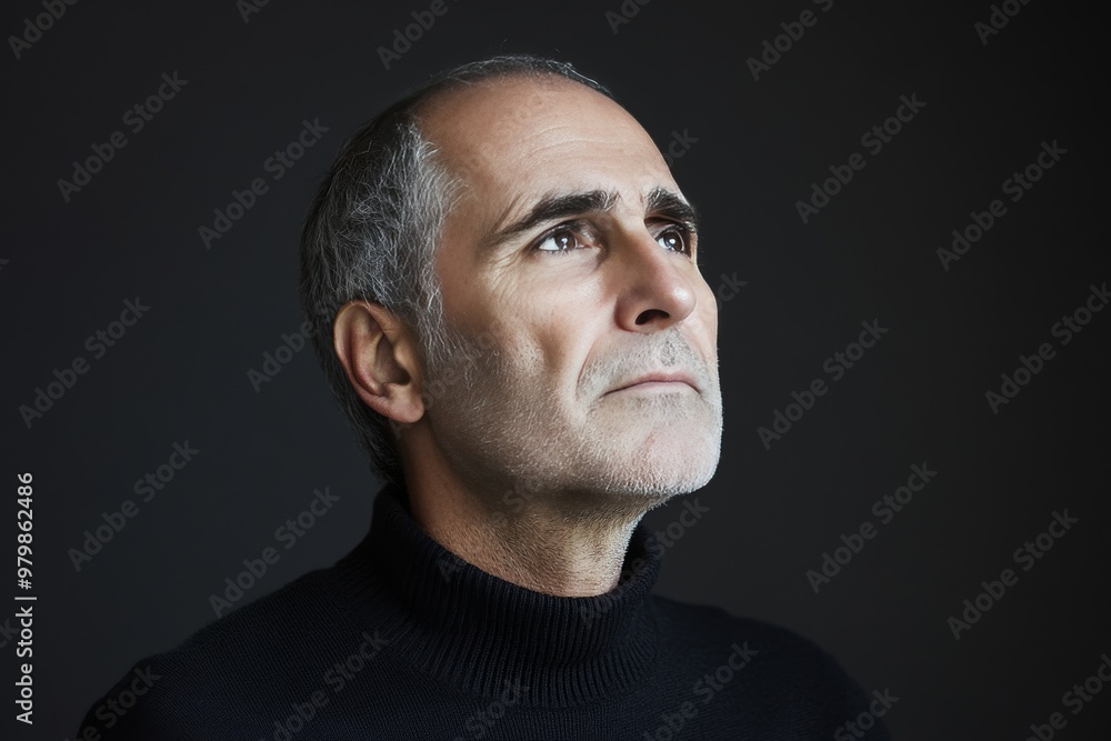 Serious expression on a middle aged man looking upward in a minimalist ...
