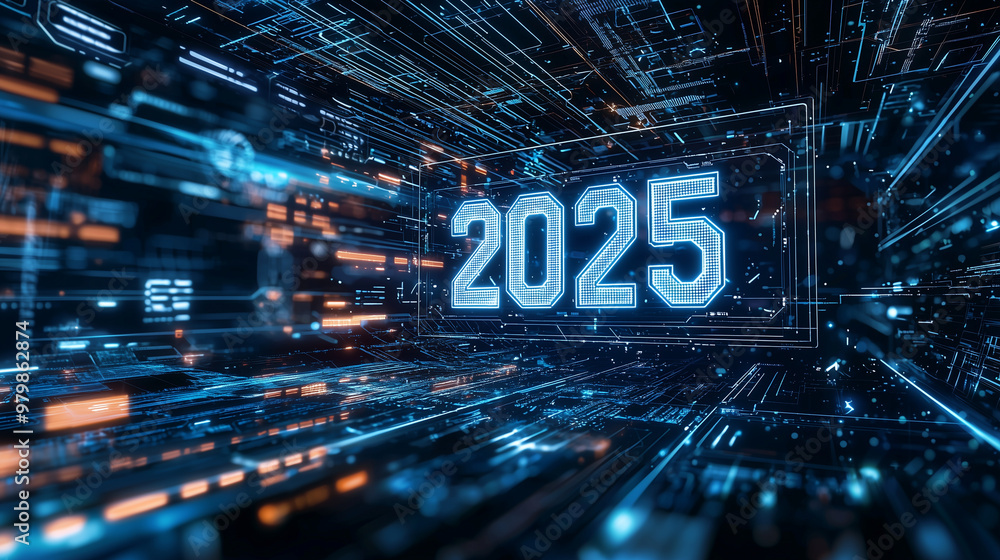 text "2025" is displayed in bold, sleek, metallic font at the center of ...