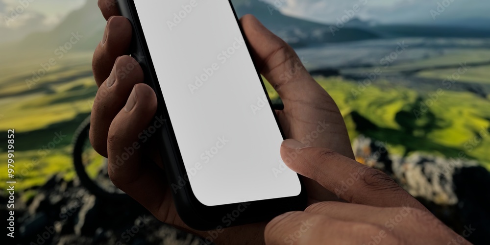 Asian male using smartphone with a blank white screen. Mountain bike ...