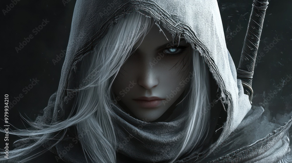 Woman asian assassin medieval warrior knight white hair character ...