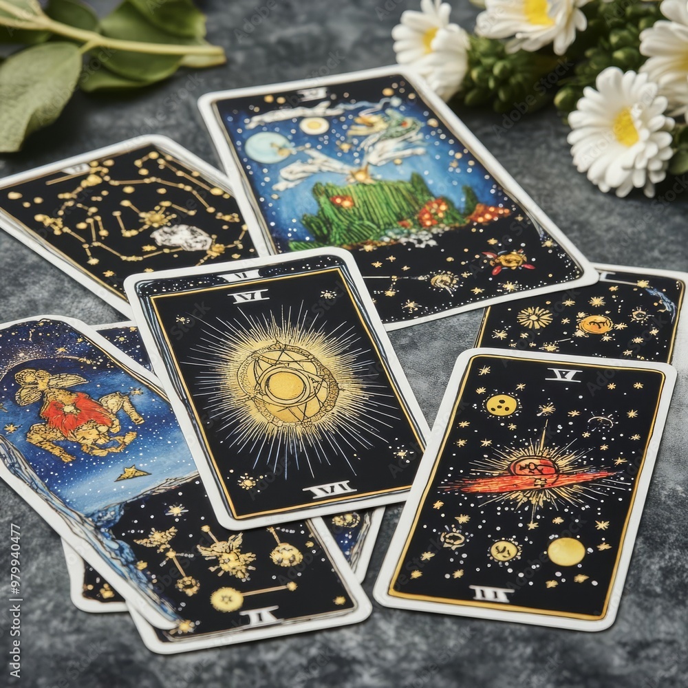 Cosmic tarot cards with zodiac symbols, laid out under a starry night ...