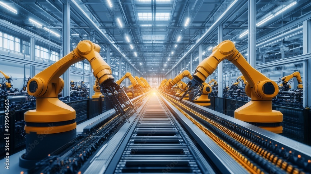 Robotic arms operate in unison along a conveyor belt in an automotive assembly plant, showcasing ...