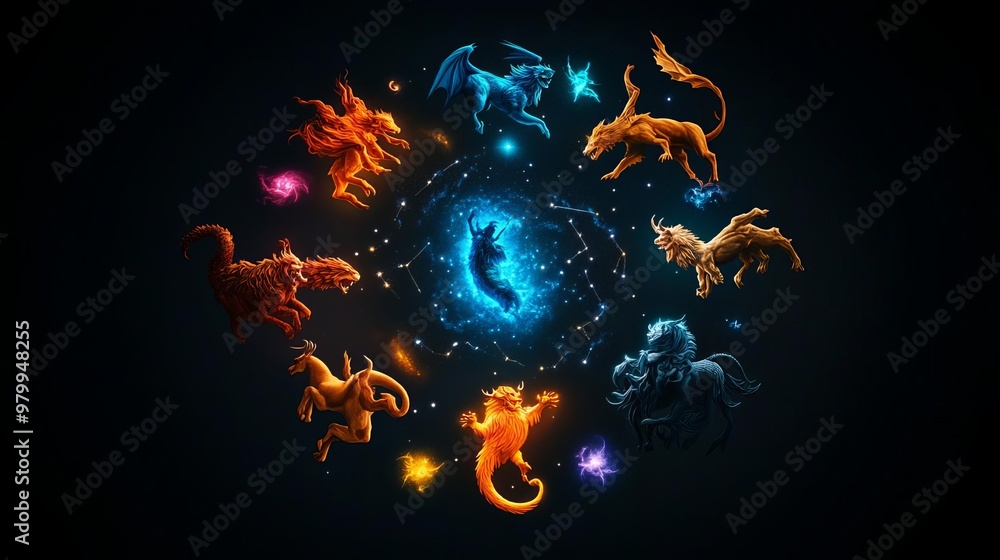 Zodiac creatures as mythological beasts, each emerging from a different ...
