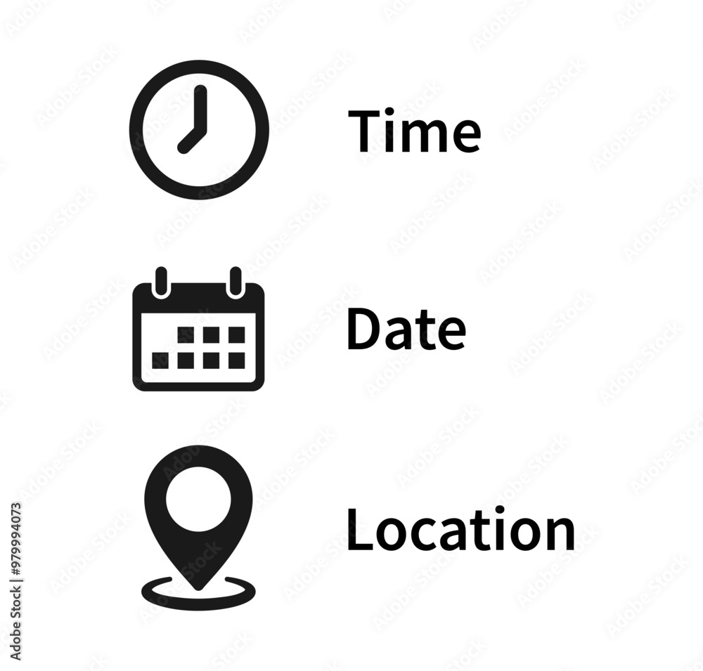 Time, date and address icon set. Calendar, clock, location. Editable stroke. Linear vector ...