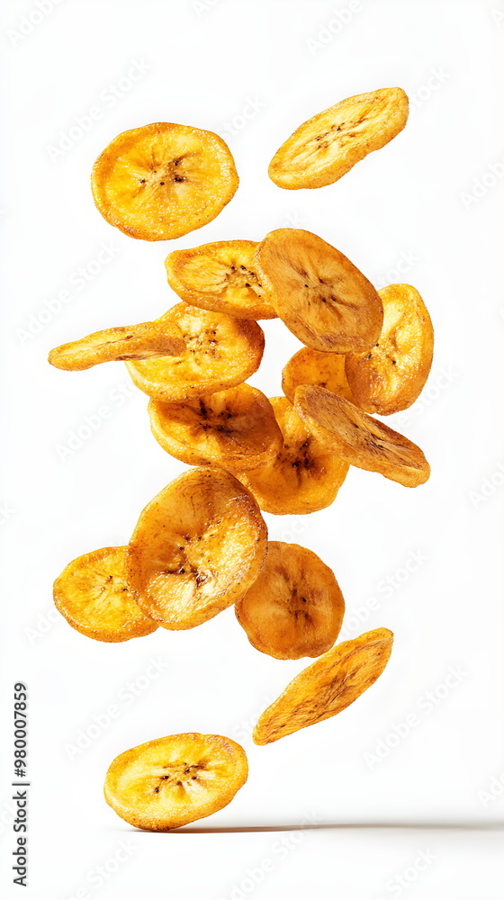 Falling dried banana slices isolated on white background with clipping ...
