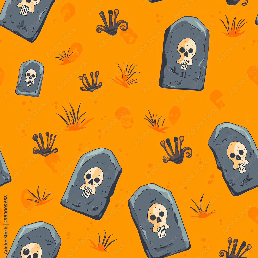 Cartoon cute RIP rest in peace stone seamless pattern. Orange ...