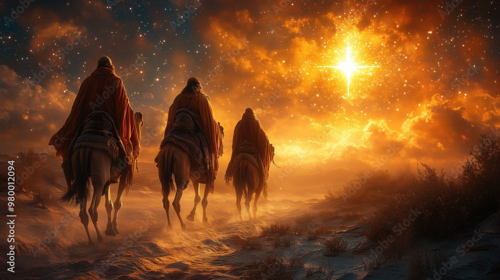 Three wise men kings mags on camels traverse a vast desert under a ...