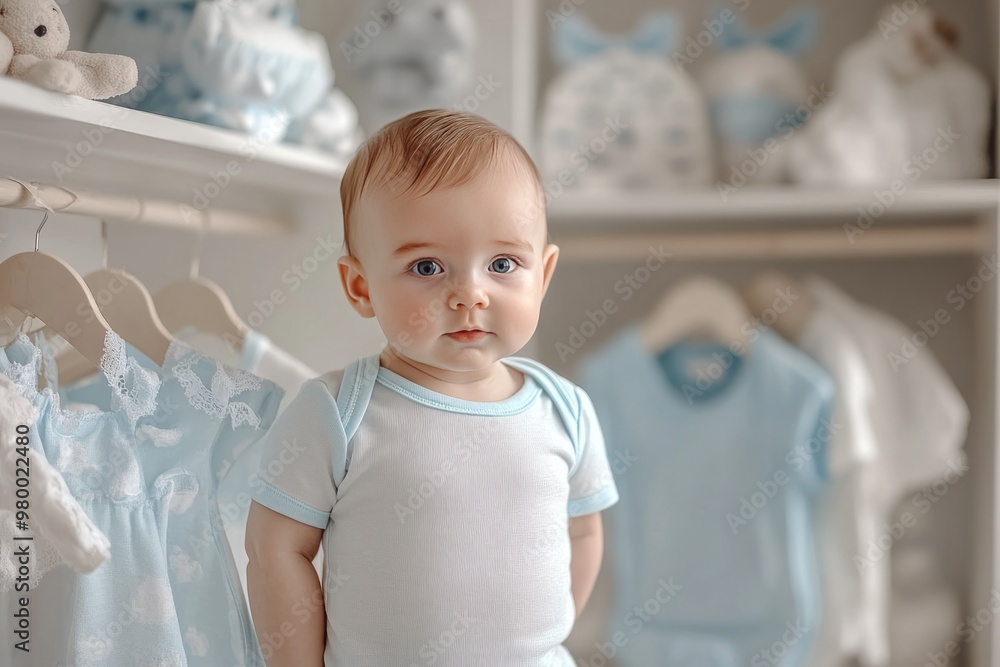 Baby hung on pastel colored hanger, baby girl in light blue and white ...