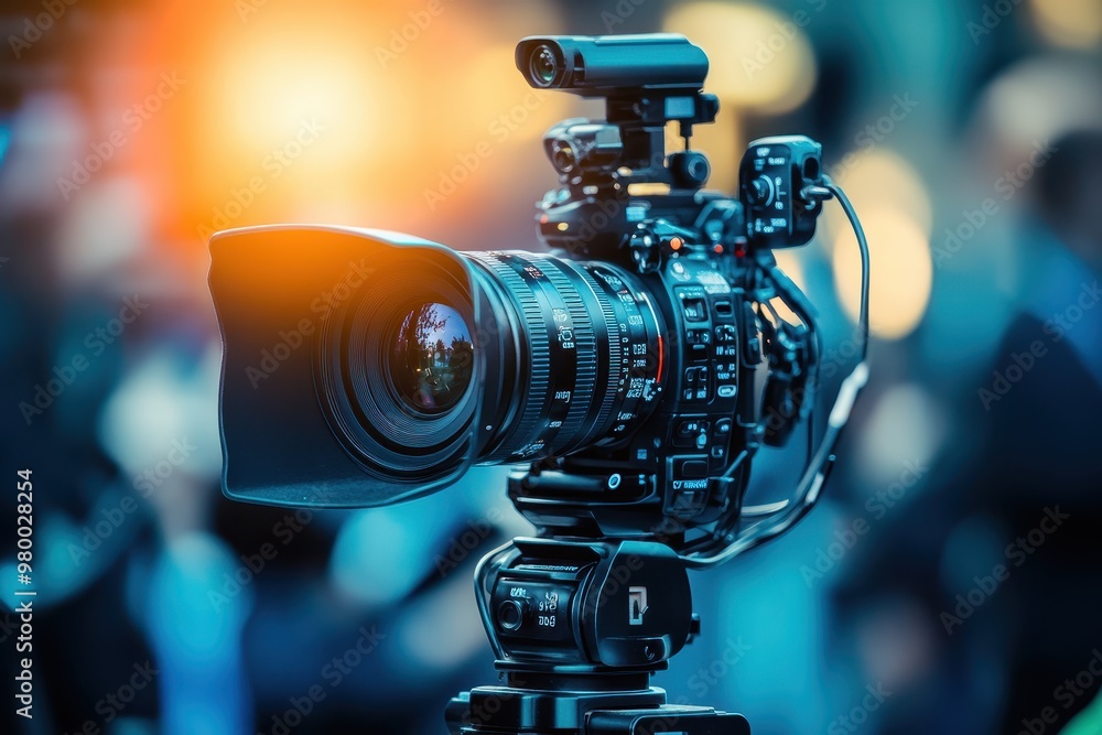 A professional video camera on set Filming day crew and equipment ...