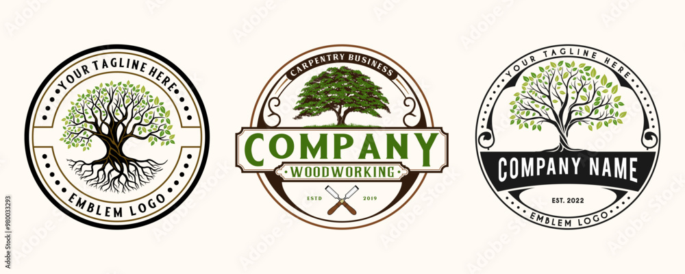 set Oak Tree Leaf Root Family Tree Oak Banyan Maple Stamp Emblem Label ...