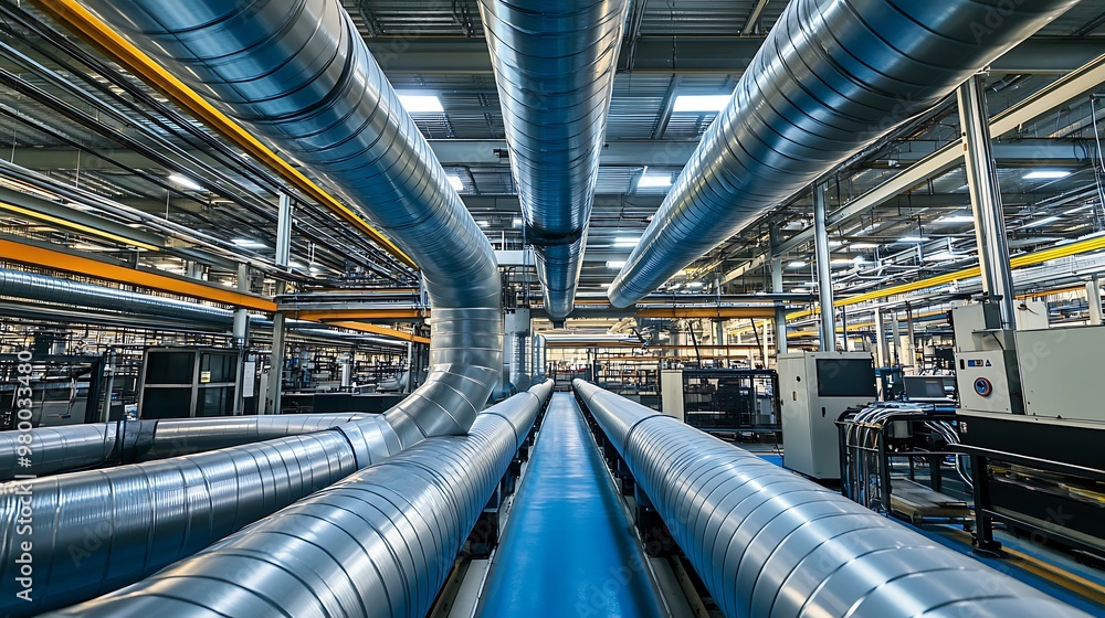 Large HVAC ducts running through the ceiling of a factory, ensuring ...