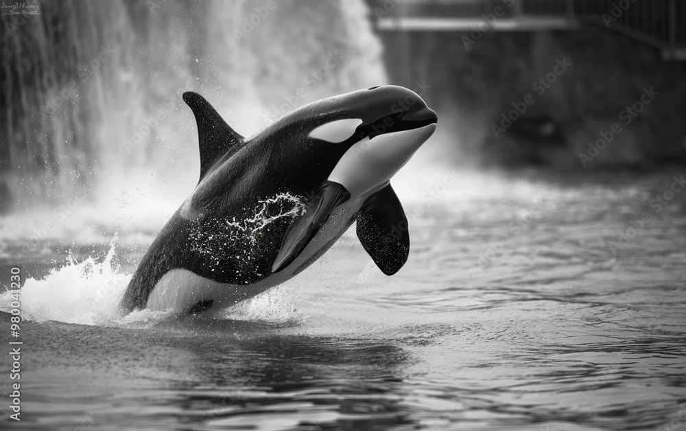 Foto de Stock Orca whale jumping out of water with a splash, displaying ...