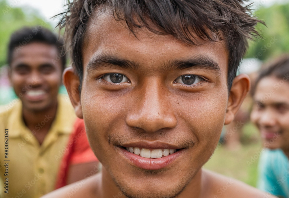 Close-up face, smiling, happy, eyes and mouth with white teeth, outside ...
