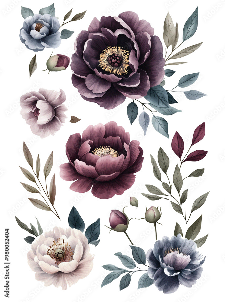 Moody dark purple and burgundy peonies isolated on transparent ...