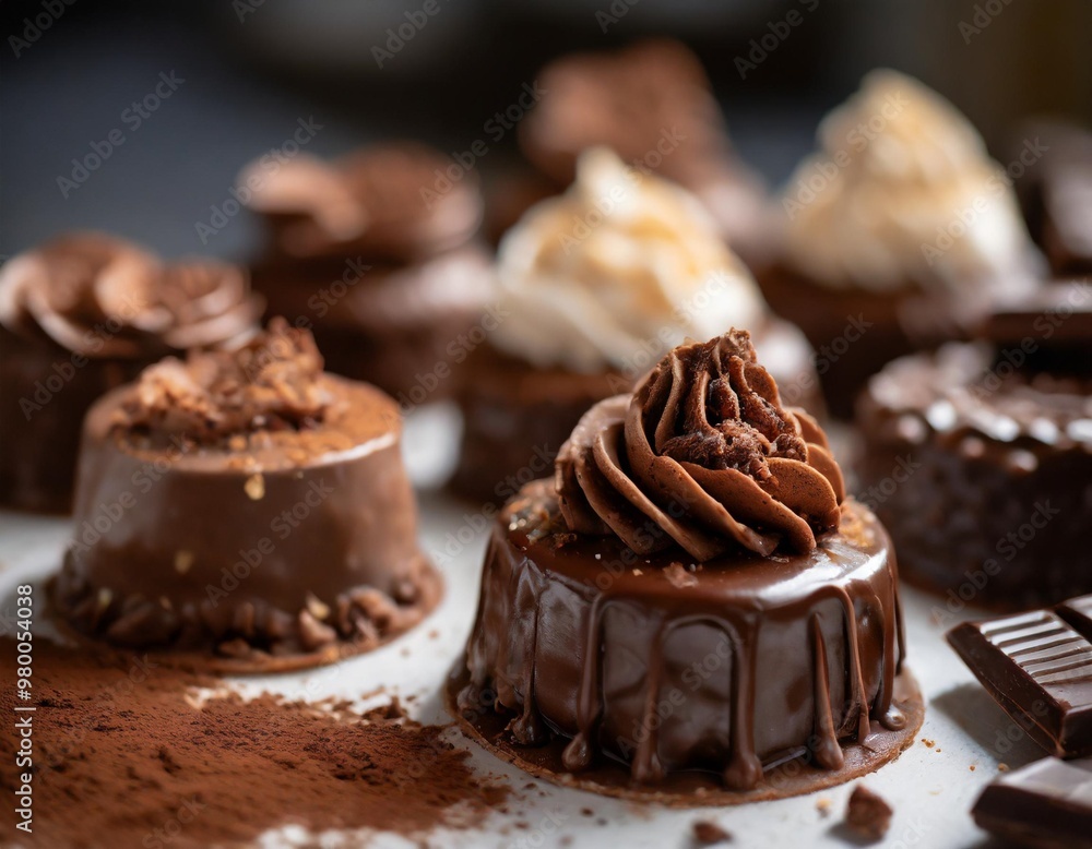 Decadent chocolate desserts with depth of field highlighting rich ...