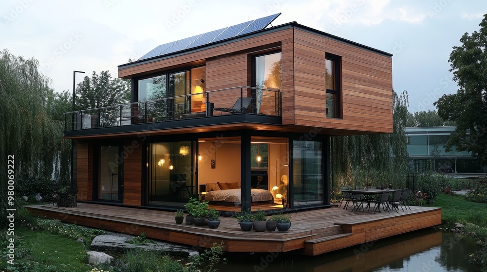 Contemporary cube house, modular two-story build, natural wood paneling ...