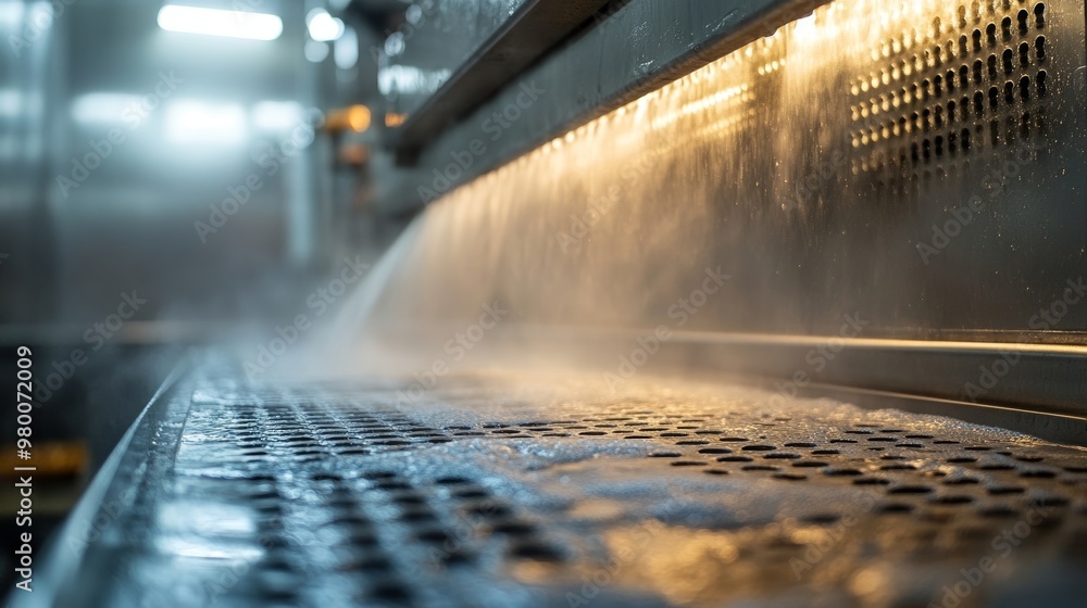 Detailed view of steam cleaning process inside a large stainless steel ...