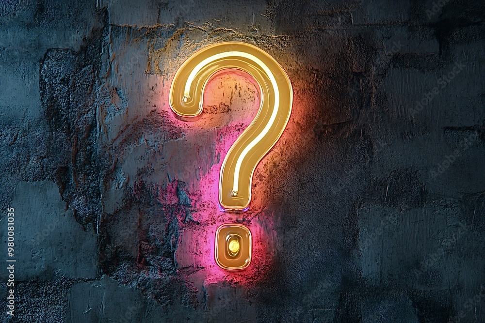 Bright yellow neon question mark shines on a black wall, creating ...