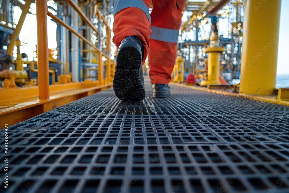 Walking on a metal grating pathway on an offshore oil and gas platform ...