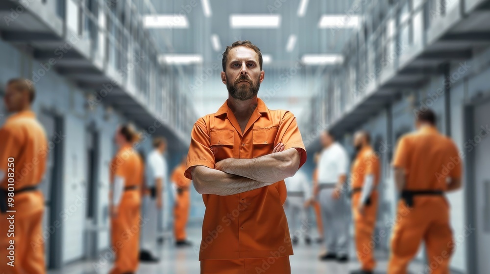 A serious inmate in an orange jumpsuit stands with arms crossed in a ...