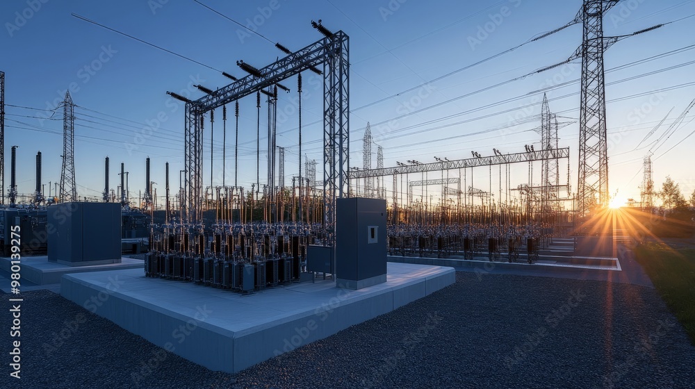 Modern electric power substation at sunrise, with high-voltage ...