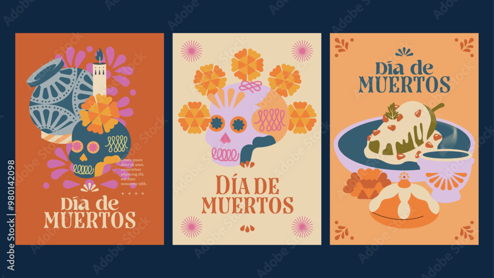 Conjunto de tarjetas postales, póster, invitación día de muertos ...