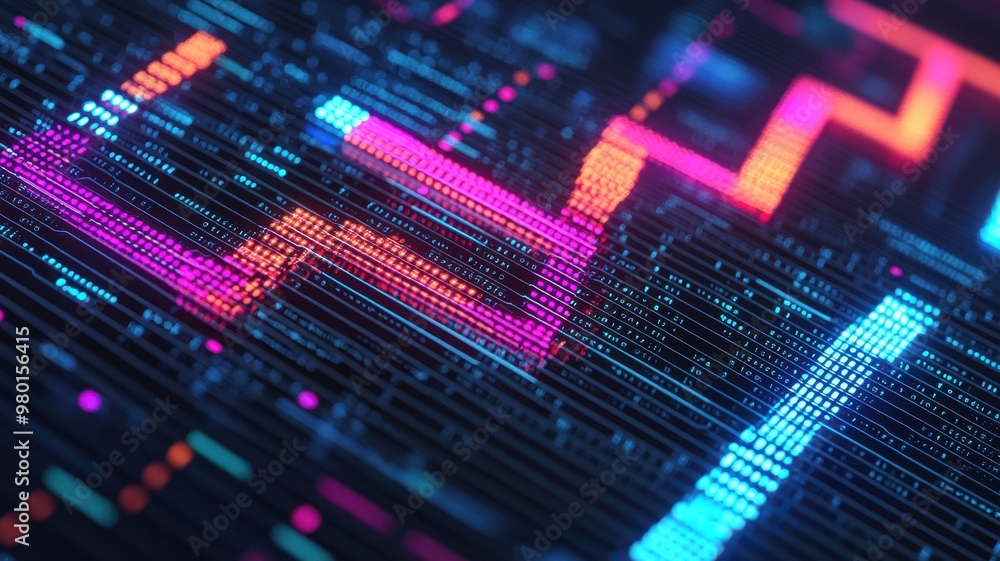 Vibrant digital data visualization, featuring colorful lines and patterns representing coding ...