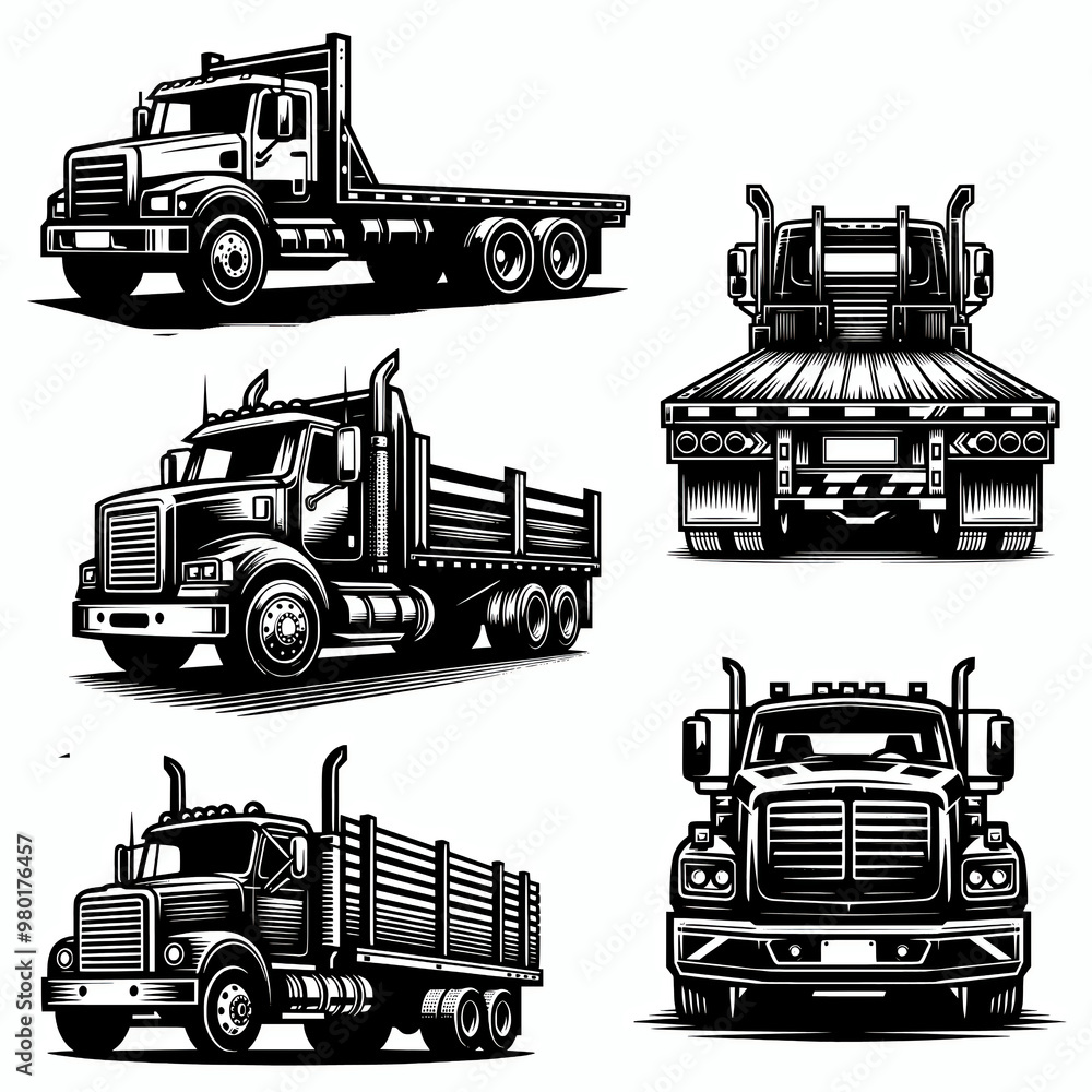 Flatbed truck vector illustration set, transportation truck clip art ...